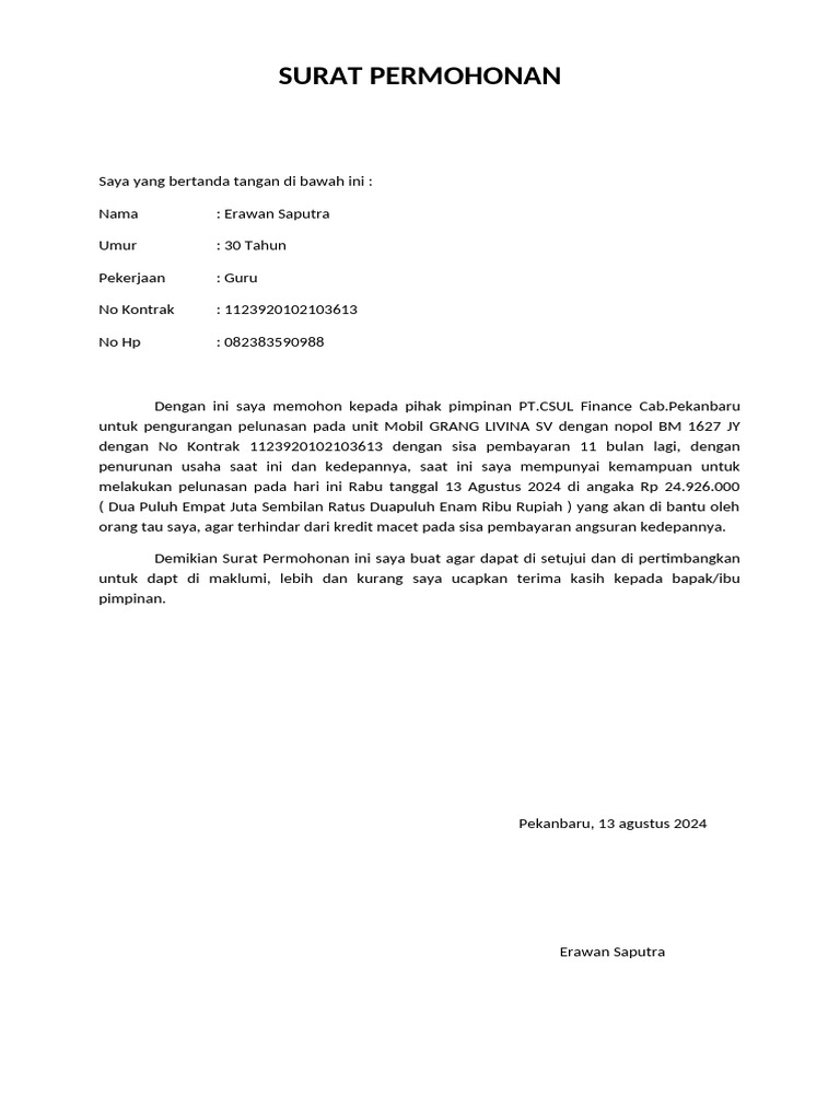 Permohonan Pelunasan Kredit Mobil | PDF