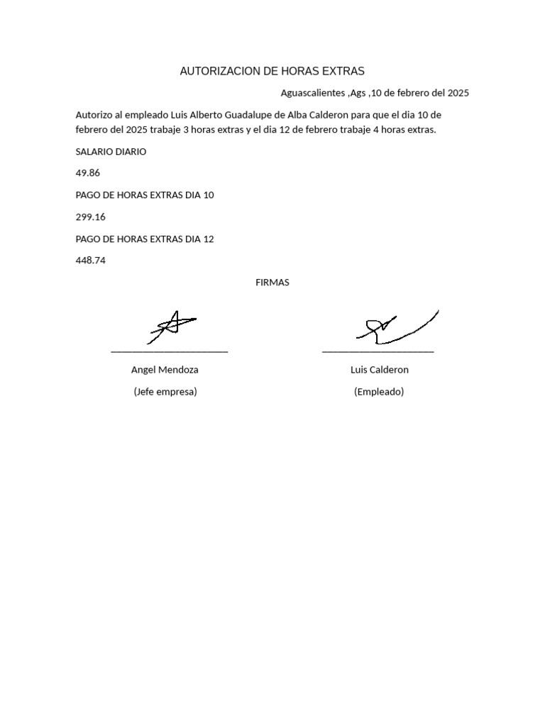 Autorizacion de Horas Extras | PDF