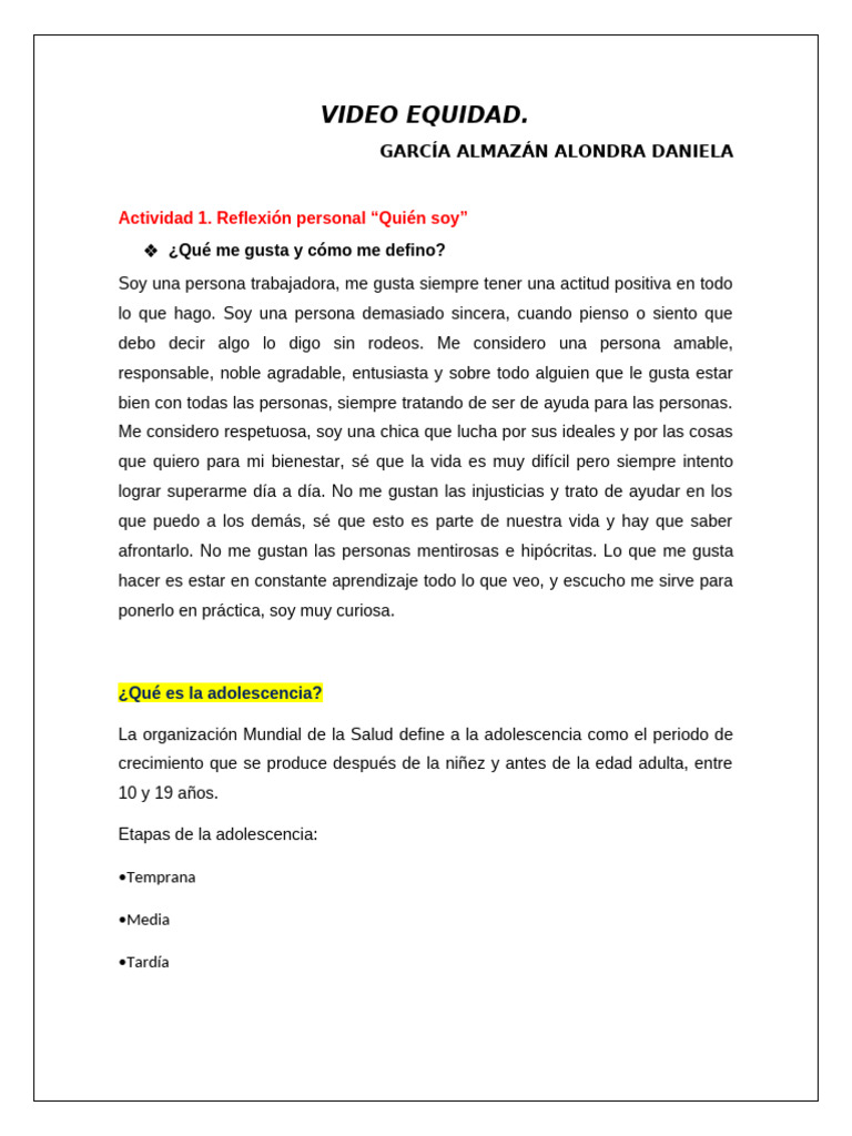 Actividades Del Video de EQUIDAD | PDF | Adolescencia | Adultos