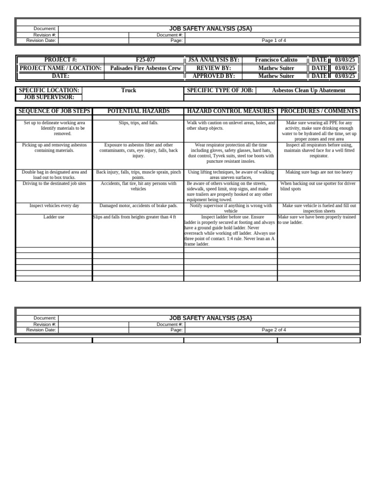 Job Safety Analysis - Asbestos Fire Clean Up r1 | PDF | Personal ...