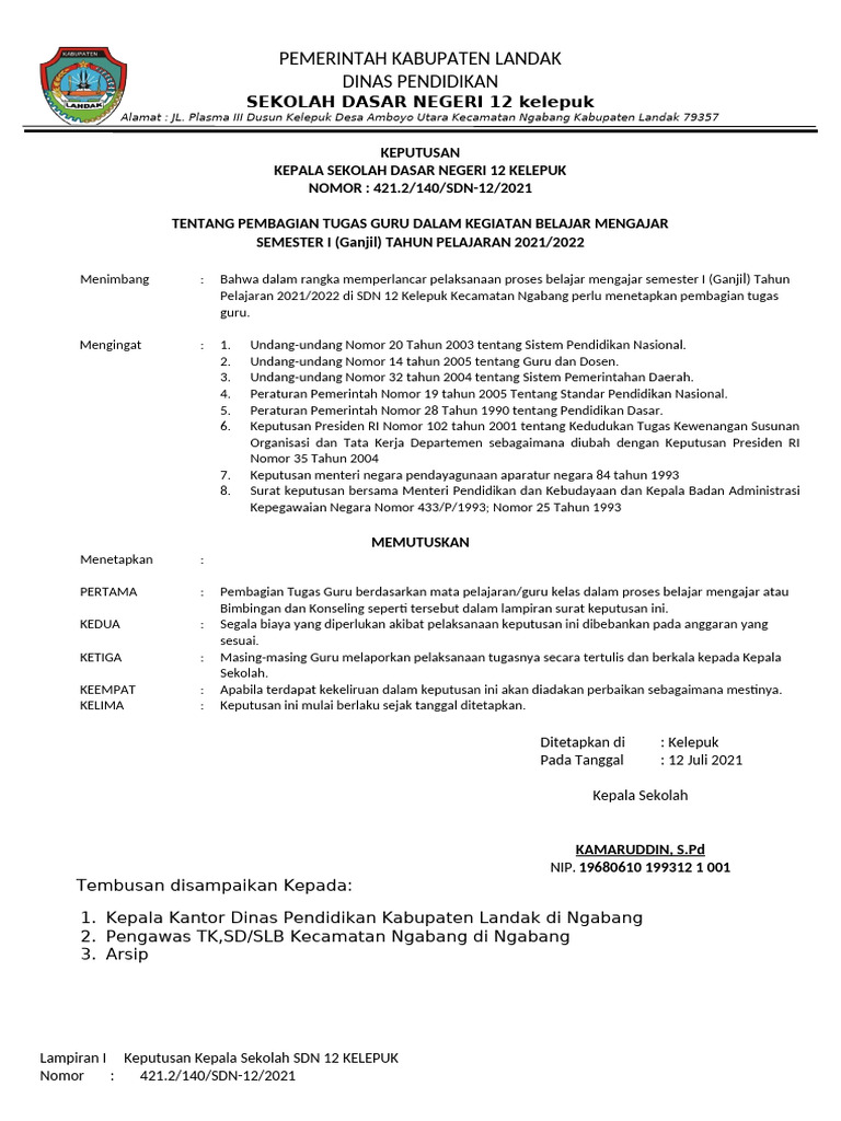 SK Pembagian Tugas Ganjil 2021 2022 | PDF