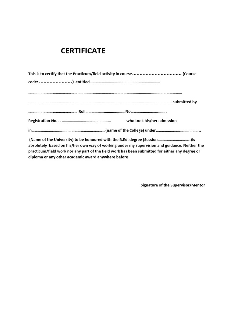 B.Ed. Practicum Certificate Template | PDF