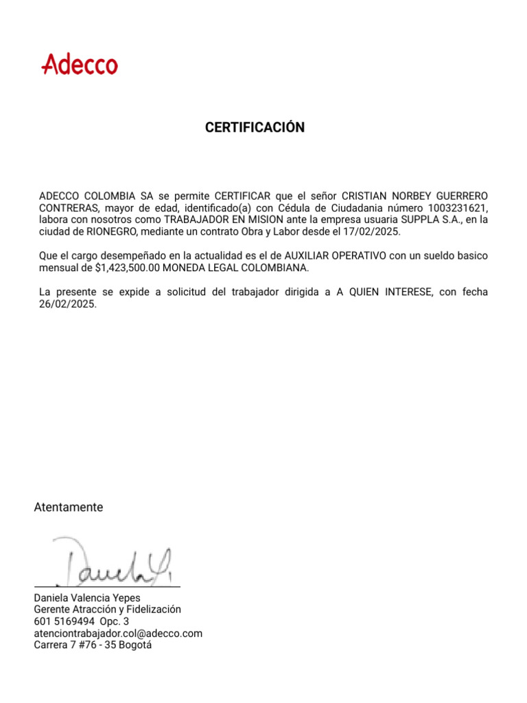 Certificación Laboral Adecco Colombia | PDF