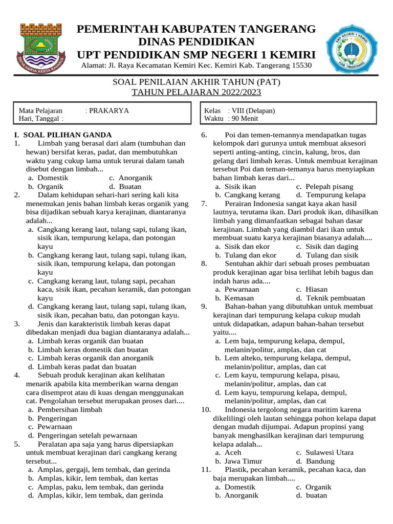 Soal Prakarya PAT Kelas 8 Semester 2 Tahun Ajaran 2022-2023 | PDF