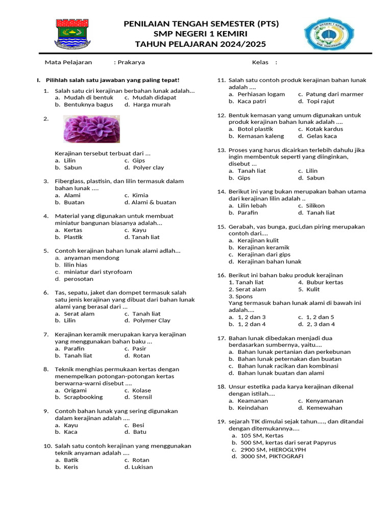 Soal PTS Prakarya Kelas 8 Semeser 1 Tahun 2024-2025 | PDF