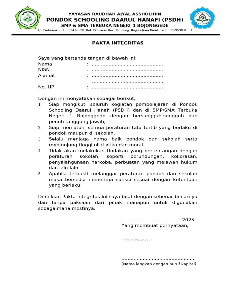 Pakta Integritas Siswasiswi PSDH 2025 | PDF