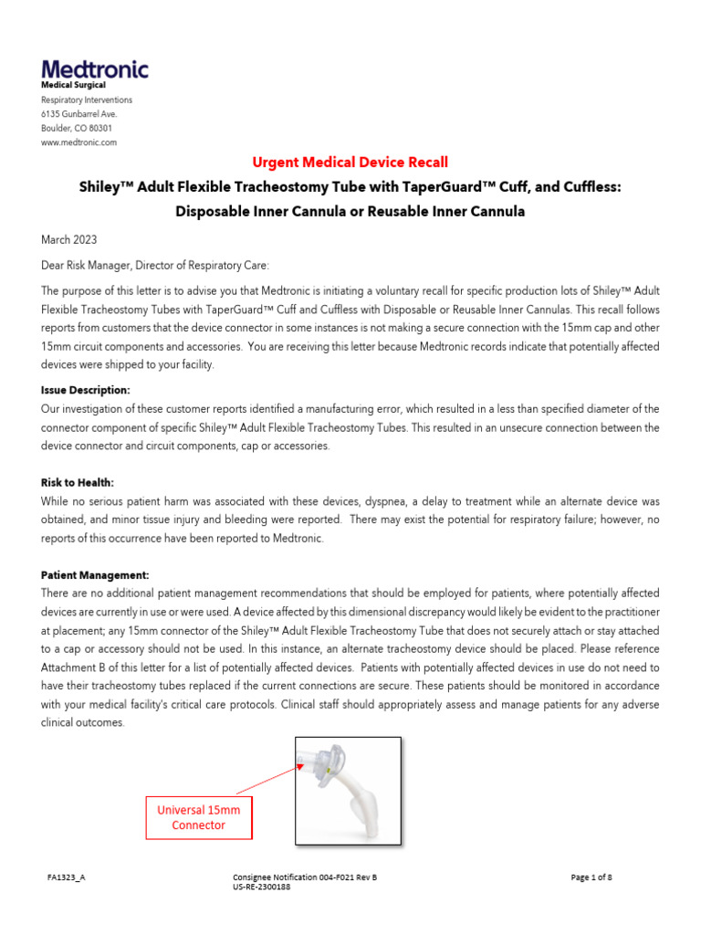 Medtronic Shiley Trach Tube TaperGuard Cuff Cuffless Cannula Alert ...