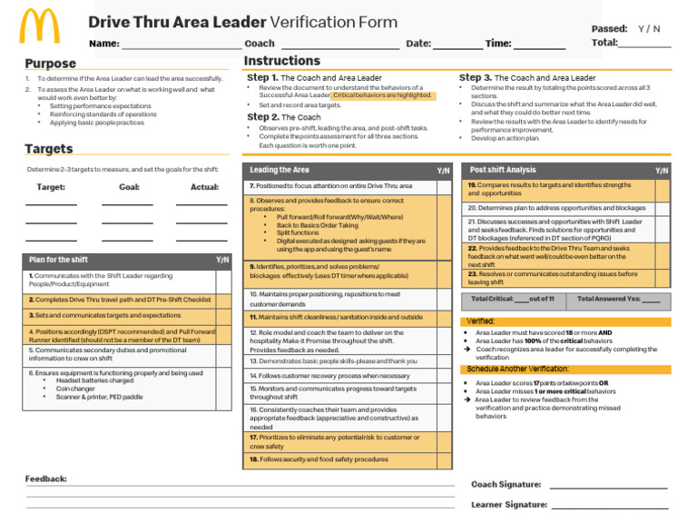 Drive Thru Area Leader Evaluation Form | PDF
