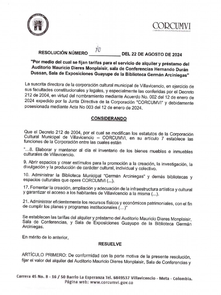 Resol 72024 Tarifas Auditorio | PDF