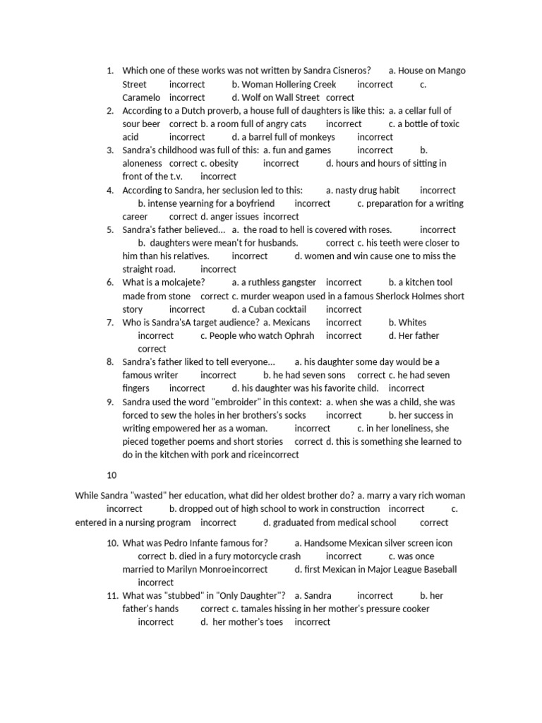 Sandra Cisneros - Multiple Choice Quiz - Only Daughter - Quiz - Jay's ...