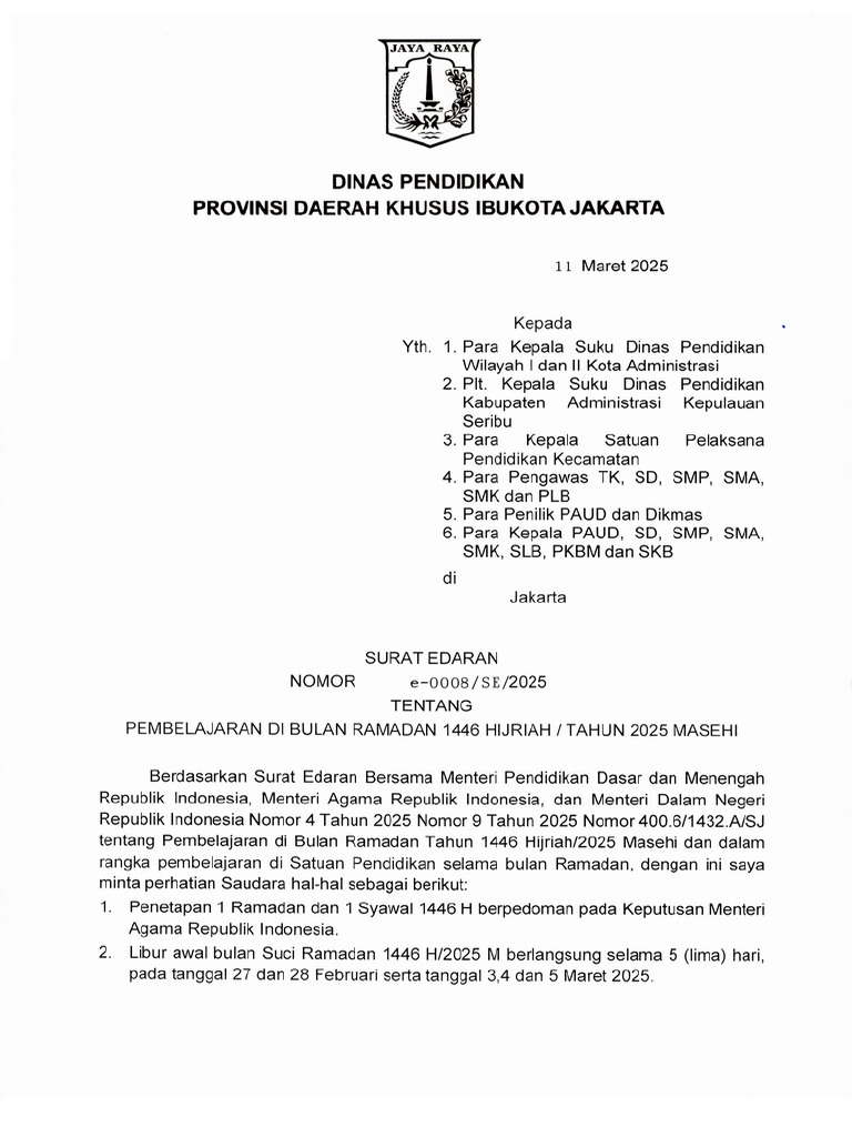 E-0008 - Surat Edaran Pembelajaran Di Bulan Ramadhan 1446H-Tahun 2025 Stempel | PDF