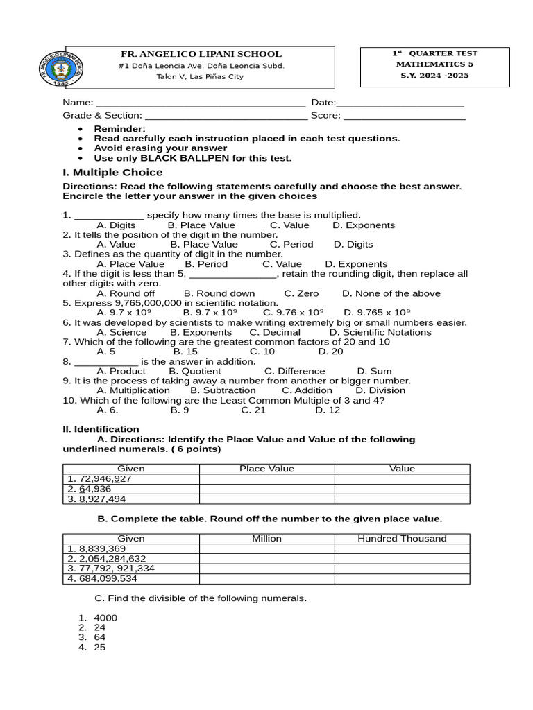 1st QUARTER Test - Grade 5 | PDF | Multiplication | Exponentiation