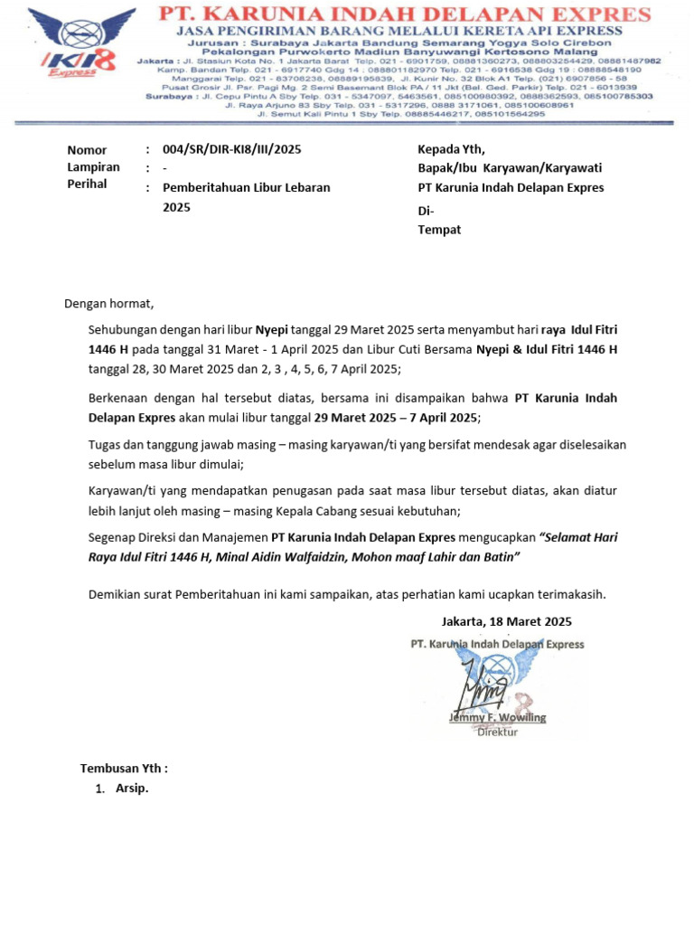 Surat Ki8 004 Pemberitahuan Libur Idul Fitri 2025 | PDF