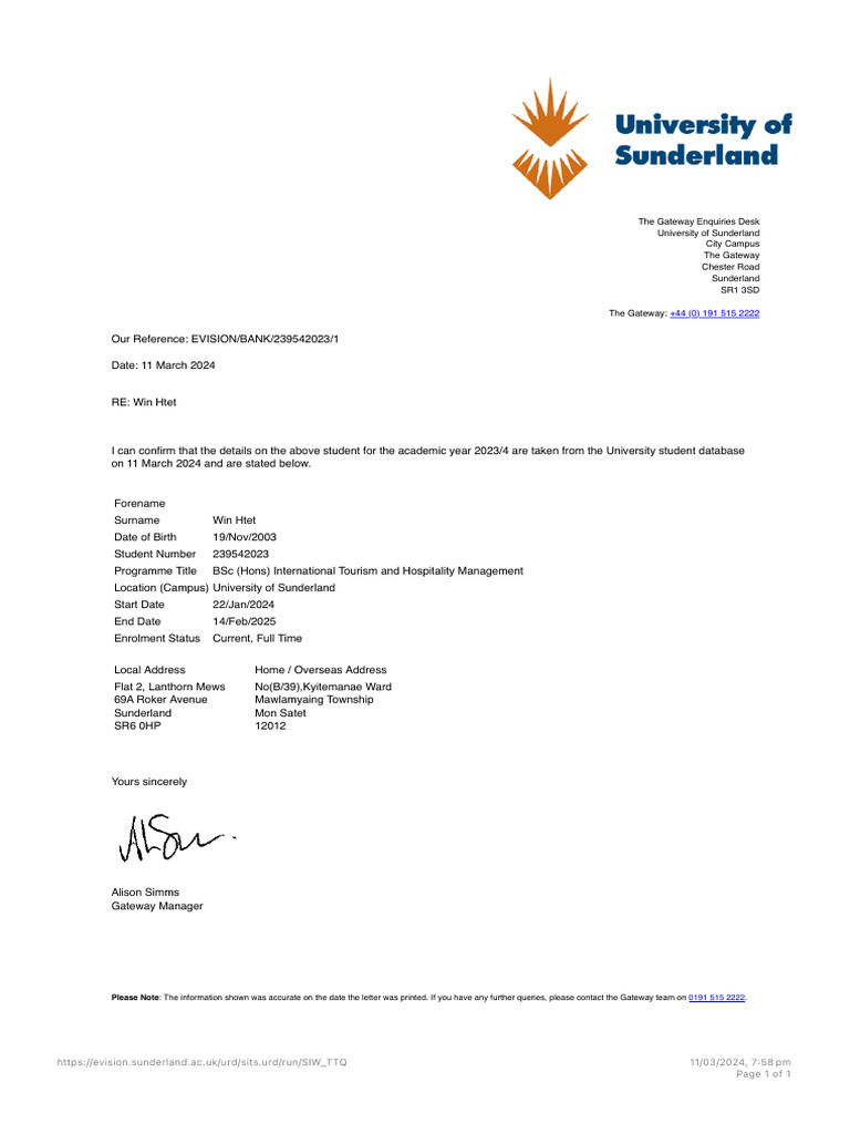 Student Confirmation: Win Htet | PDF