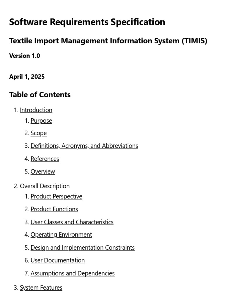 Software Requirements Specification for Textile Import Management Information System | PDF ...