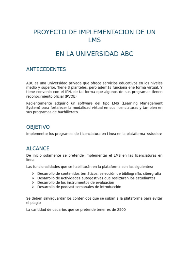Implementación de LMS en Universidad ABC | PDF | Software | Informática