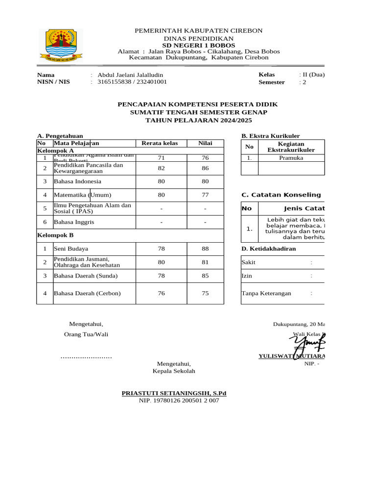 Raport Uts Kelas 2 Semester I 24-25 | PDF