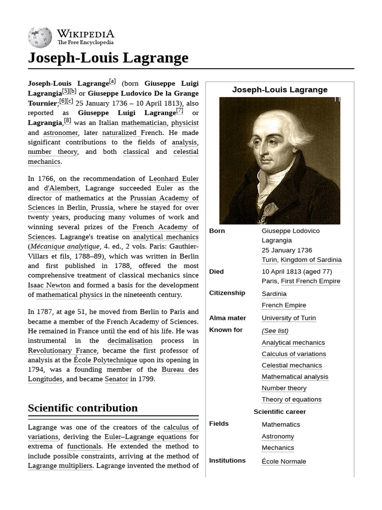 Joseph Louis Lagrange | PDF | Calculus Of Variations | Mathematics