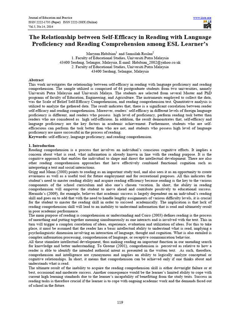 The Relationship Between Self-Efficacy in Reading With Language | PDF | Self Efficacy | Reading ...