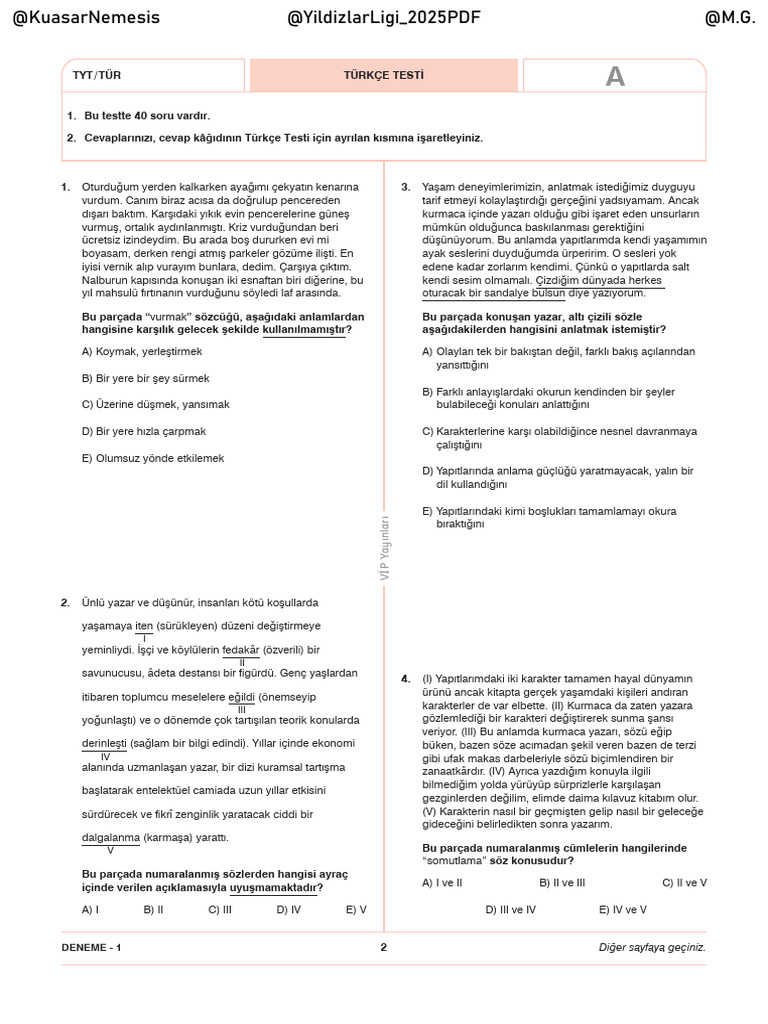 2025 Vip Okul Serisi TG TYT-1 @MegatronDenemeKulubu | PDF