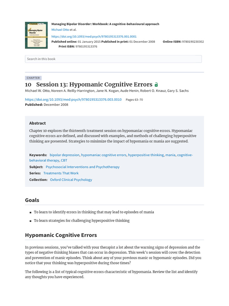 Managing Hypomanic Cognitive Errors | PDF | Mania | Diseases And Disorders