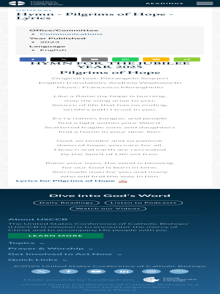 Pilgrims of Hope Hymn Lyrics | PDF