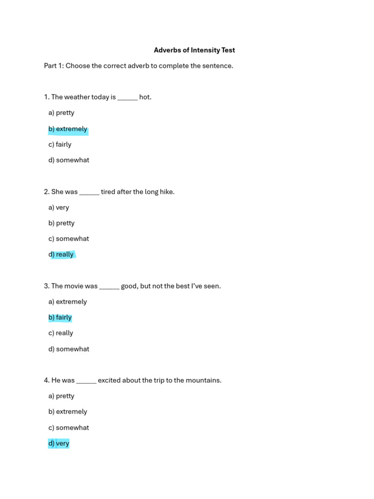 Homework 6 Adverbs of Intensity Test | PDF