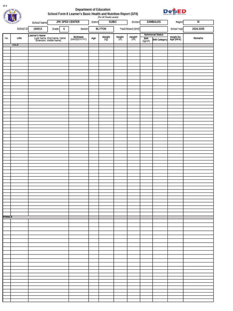 SF8 Learner Basic Health and Nutrition Report | PDF | Body Mass Index ...