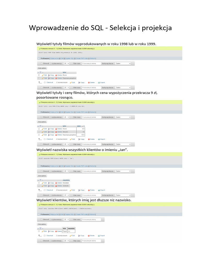 Wprowadzenie Do SQL - Selekcja I Projekcja | PDF