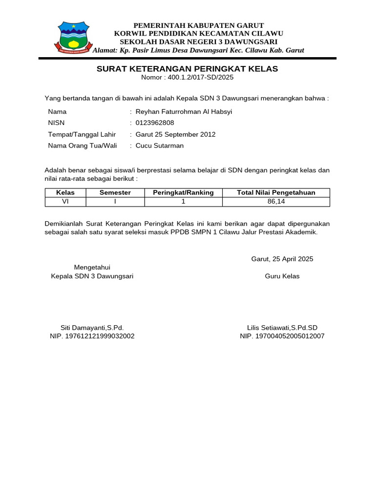 Surat Keterangan Peringkat Kelas | PDF