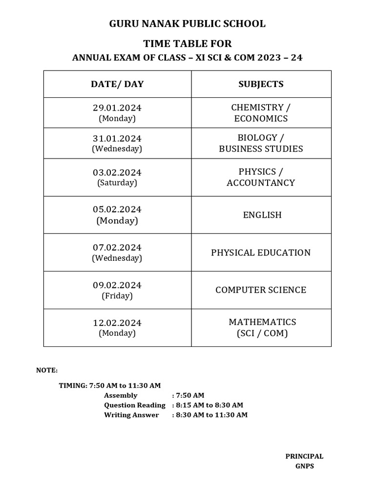 GNPS Class XI Annual Exam Timetable 2024 | PDF