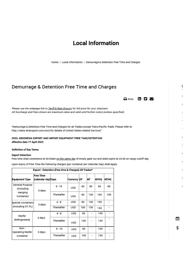 OOCL - Demurrage & Detention Free Time and Charges | PDF | United ...