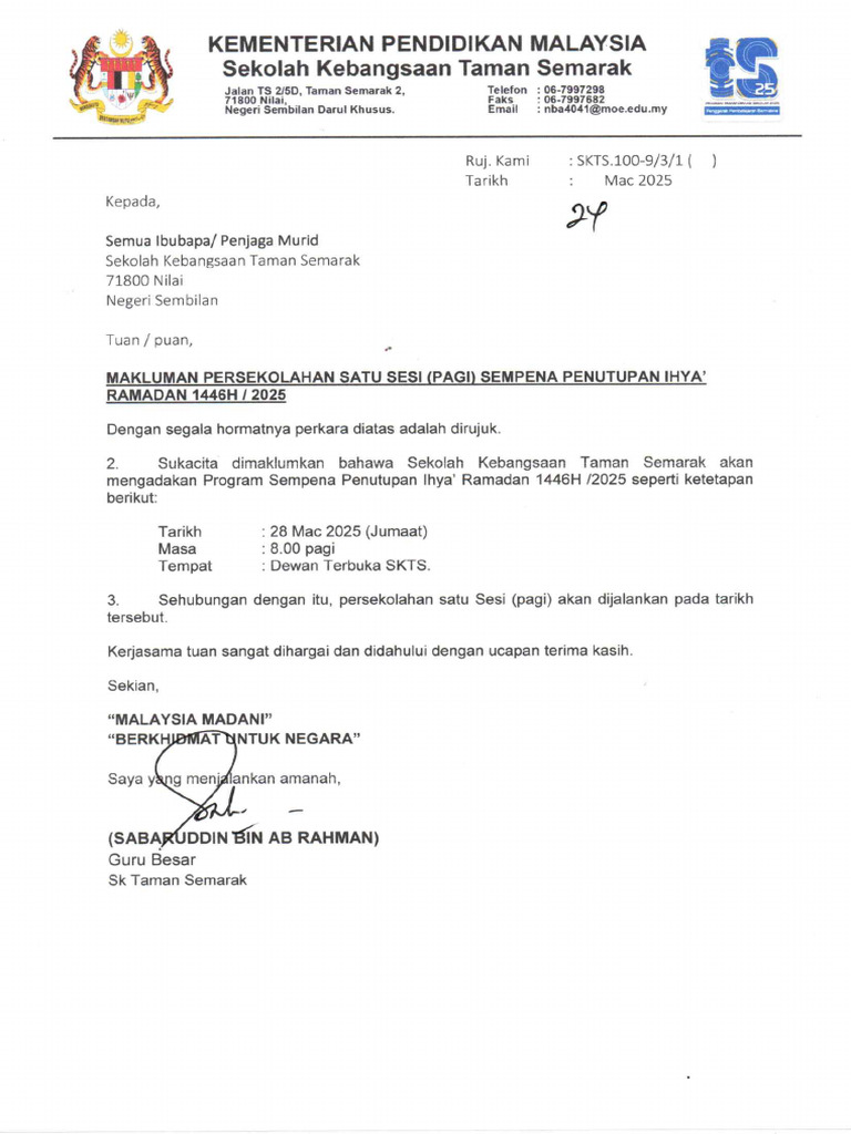 Surat Satu Sesi - 250324 - 193803 | PDF