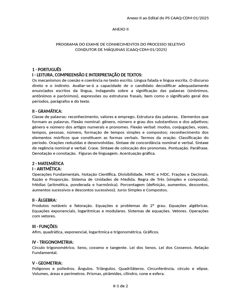 Anexo II Programa Do Exame de Conhecimentos Do Ps Caaq CDM 01 2025 | PDF | Aritmética | Logaritmo