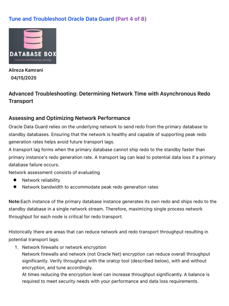 Tune and Troubleshoot Oracle Data Guard (Part 4 of 8) | PDF | Transmission Control Protocol ...