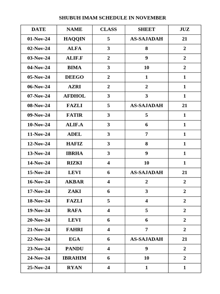 SHUBUH IMAM SCHEDULE IN NOVEMBER | PDF