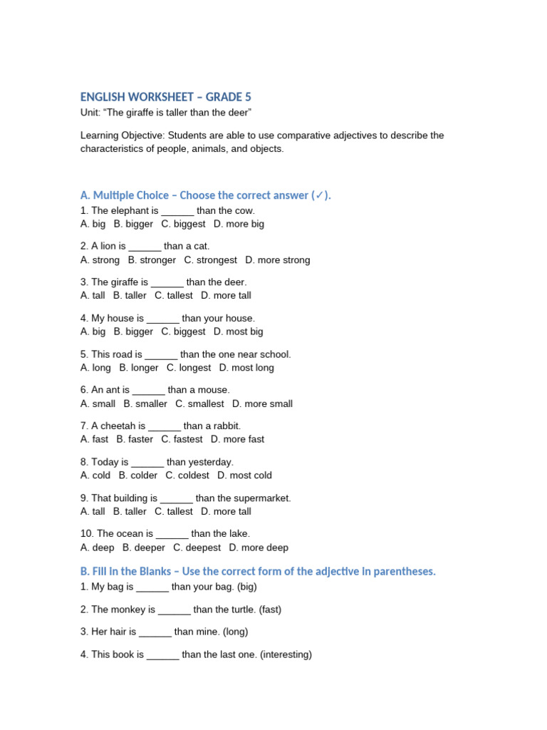 English_Worksheet_Grade5_Comparative | PDF