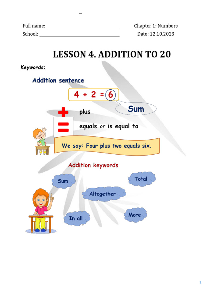 Lesson 4. Addition To 20 | PDF