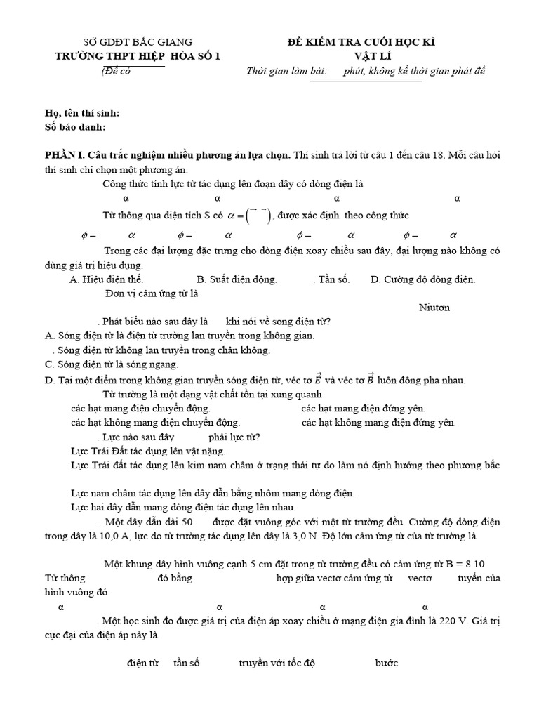 2. THPT HIỆP HÒA SỐ 1 - DE KIEM TRA KỲ 2 LOP 12 | PDF