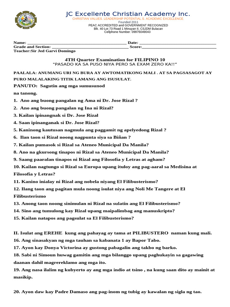FILIPINO EXAM -Gr.-10-4TH-MID | PDF