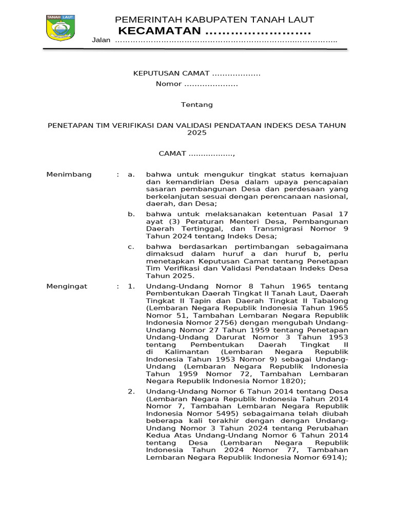 Contoh SK Camat - Tim Verifikasi & Validasi Indeks Desa | PDF