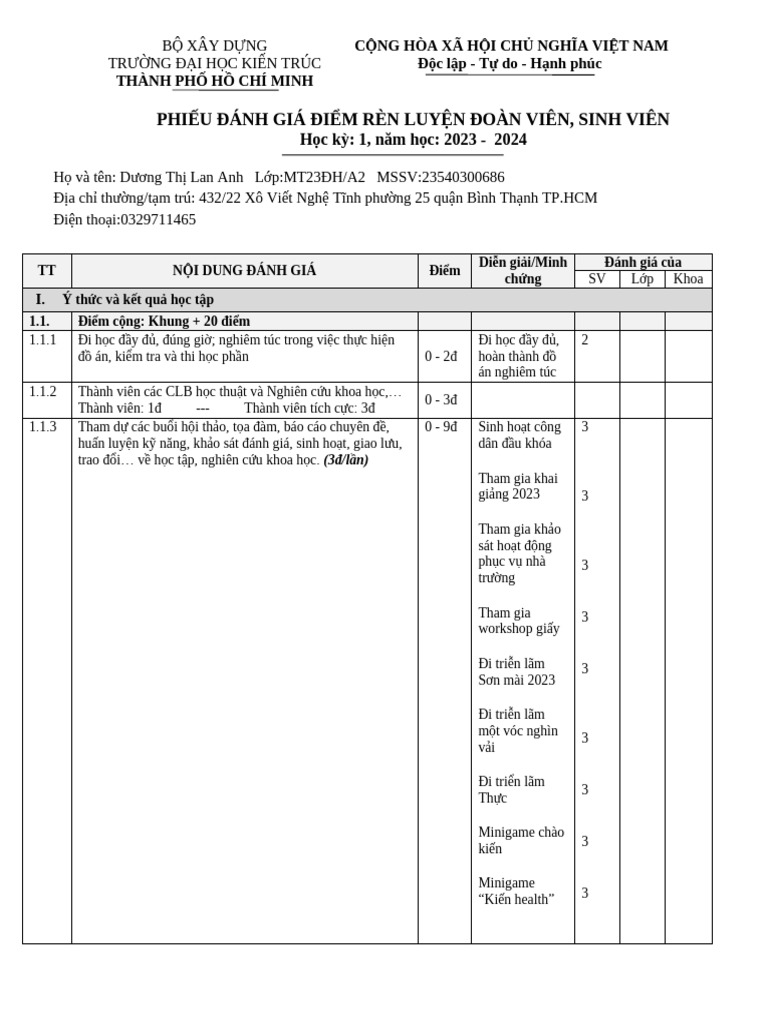 (M1) - Phieu Diem Ren Luyen | PDF