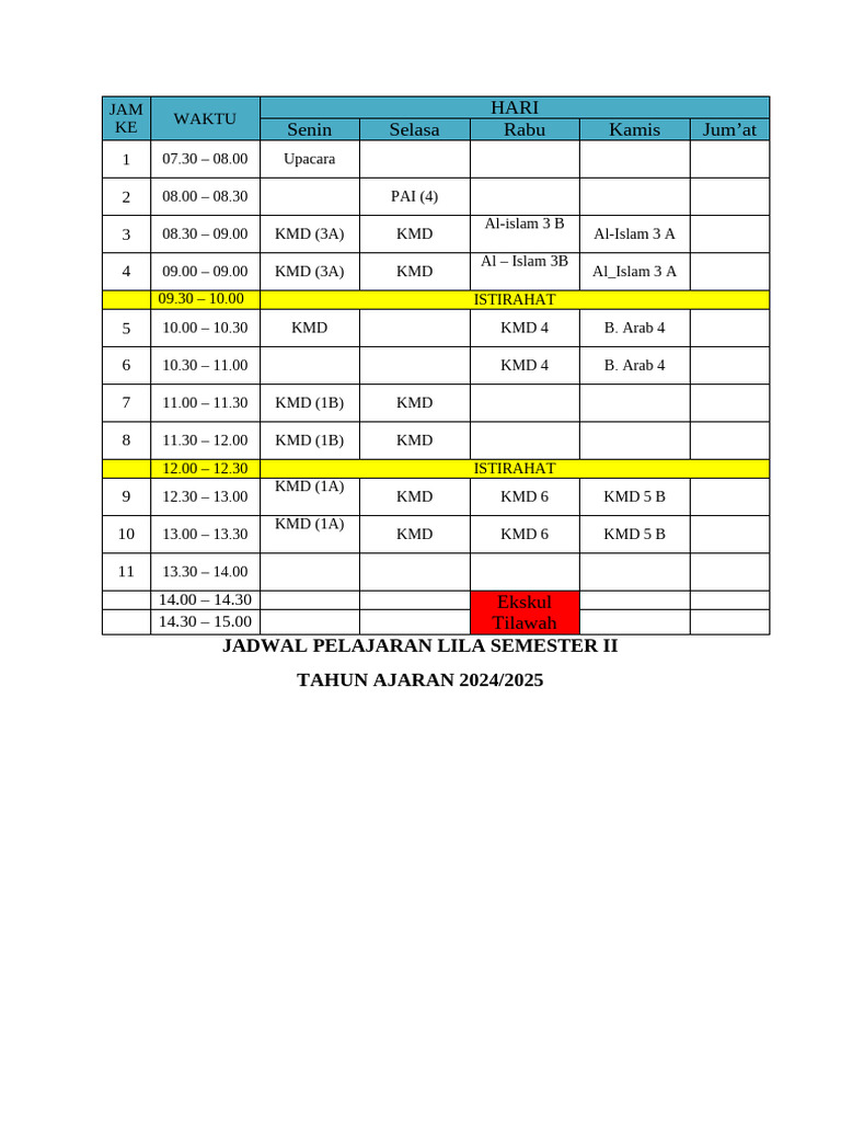 Jadwal Pelajaran Lila Sem 2 Ta 2024 2025 | PDF