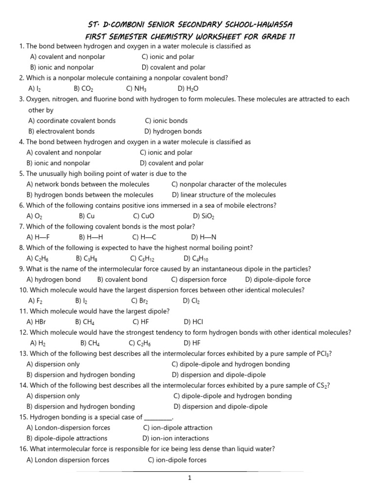 Chemistry Worksheet Gr-11 | PDF | Chemical Polarity | Chemical Bond