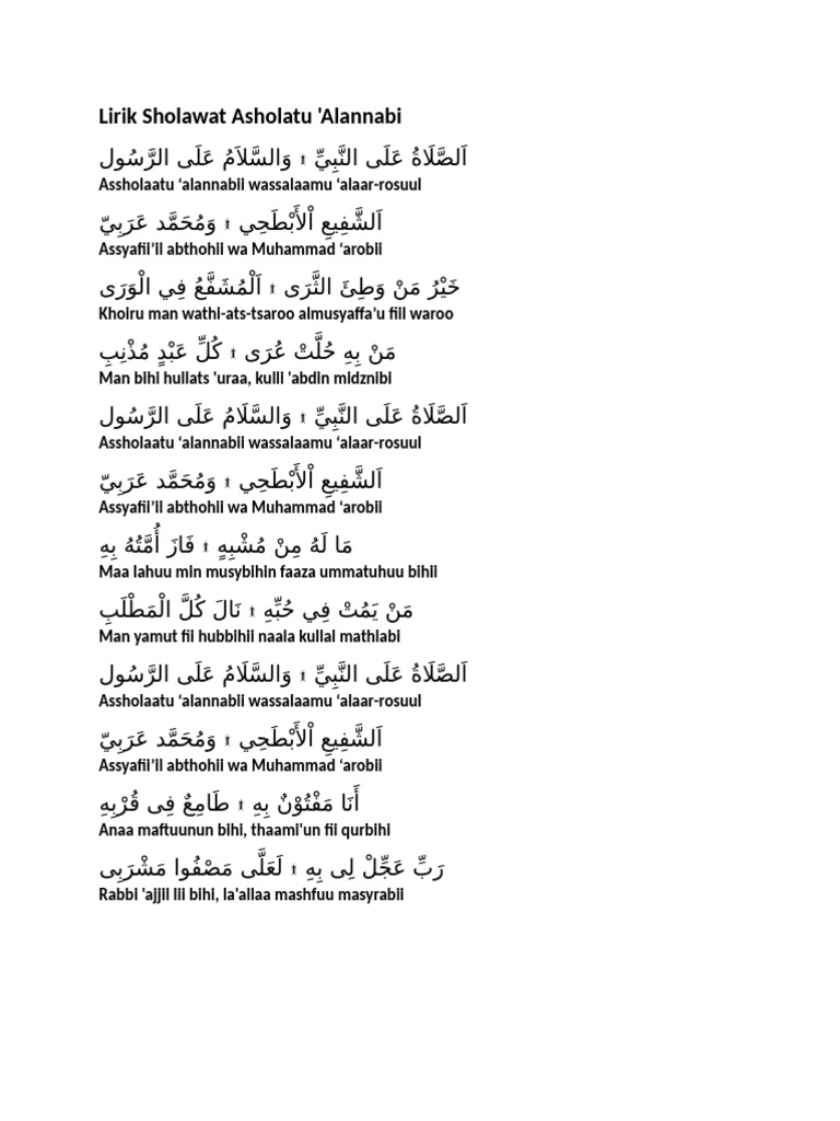 Lirik Sholawat Asholatu Alannabi | PDF