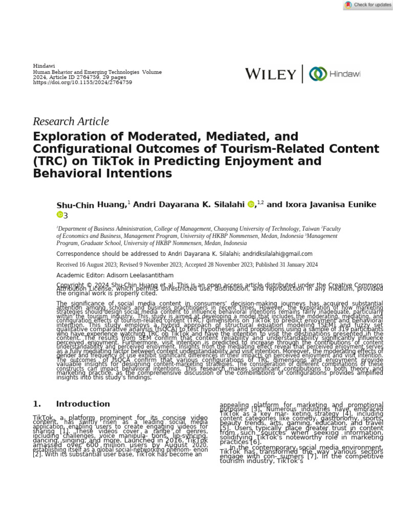 Human Behavior and Emerging Technologies - 2024 - Huang - Exploration of Moderated Mediated and ...