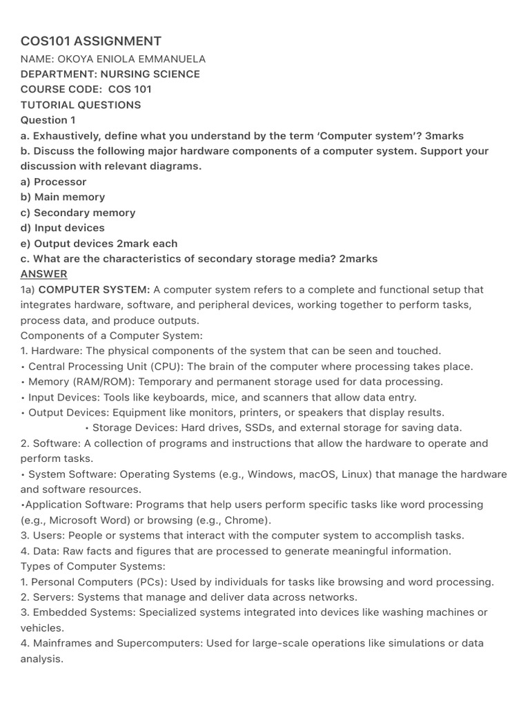 Cos101 Assignment Okoya Eniola | PDF | Computer Data Storage | Artificial Intelligence
