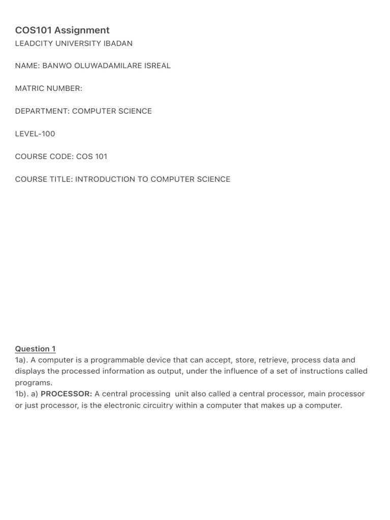 COS101 Assignment Banwo | PDF | Computer Data Storage | Assembly Language