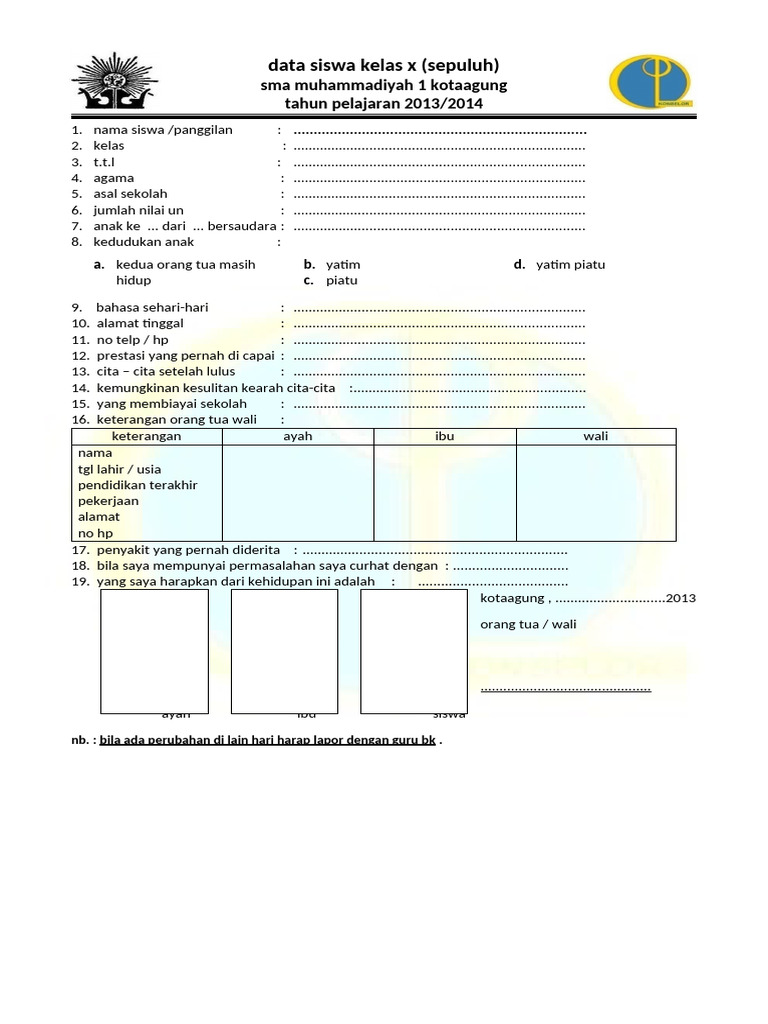 CONTOH BIOData Siswa Kelas X | PDF