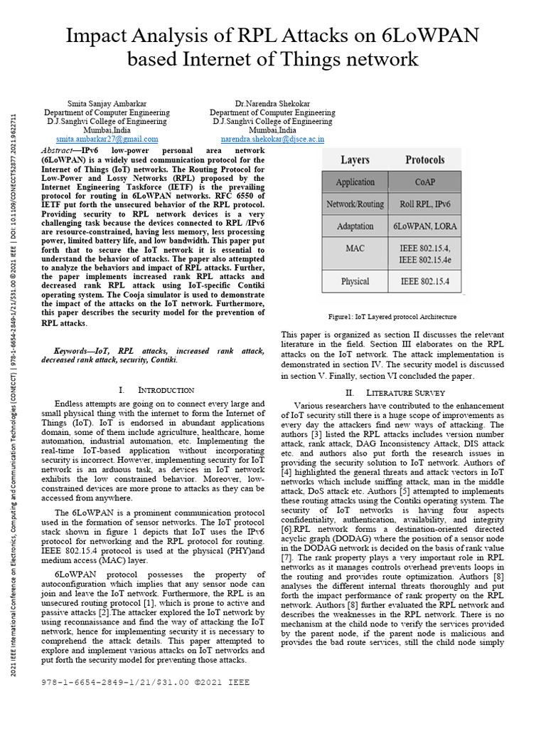 Impact Analysis of RPL Attacks On 6lo WPAN Based Internet of Things Network | PDF | Internet Of ...
